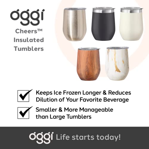 Oggi Cheers 'Celebrate Collection' Stainless Steel Insulated Wine Tumbler - White Gold Marble, 12oz, with clear slider lid.