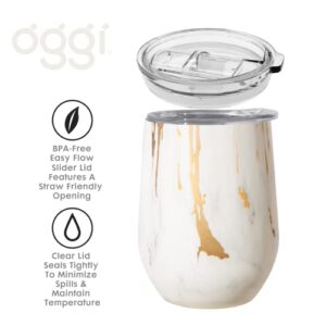 Oggi Cheers 'Celebrate Collection' Stainless Steel Insulated Wine Tumbler - White Gold Marble, 12oz, with clear slider lid.