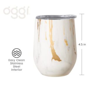 Oggi Cheers 'Celebrate Collection' Stainless Steel Insulated Wine Tumbler - White Gold Marble, 12oz, with clear slider lid.