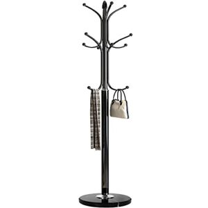 kertnic metal coat rack stand with natural marble base, free standing hall tree with 12 hooks for hanging scarf, bag, jacket, home entry-way hat hanger organizer (black)