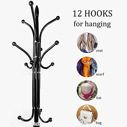 Kertnic Metal Coat Rack Stand with Natural Marble Base, Free Standing Hall Tree with 12 Hooks for Hanging Scarf, Bag, Jacket, Home Entry-way Hat Hanger Organizer (Black)