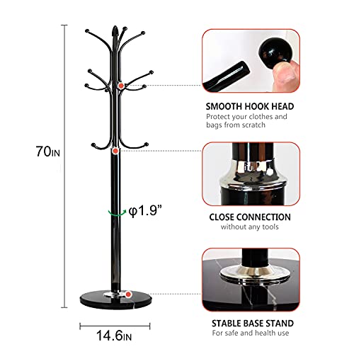 Kertnic Metal Coat Rack Stand with Natural Marble Base, Free Standing Hall Tree with 12 Hooks for Hanging Scarf, Bag, Jacket, Home Entry-way Hat Hanger Organizer (Black)