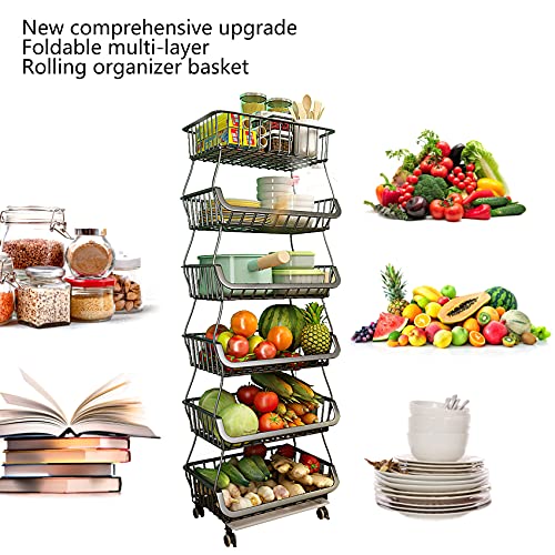 6 Tier Fruit Vegetable Storage Basket, Stackable Metal Wire Basket with Wheels, Fruit and Vegatable Storage Cart, Potato and Onion Storage Bin for Kitchen, Bathroom, Bedroom