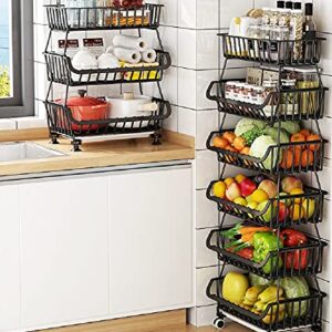 6 Tier Fruit Vegetable Storage Basket, Stackable Metal Wire Basket with Wheels, Fruit and Vegatable Storage Cart, Potato and Onion Storage Bin for Kitchen, Bathroom, Bedroom