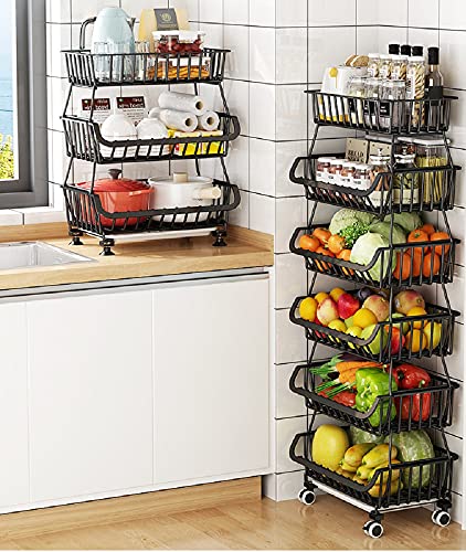 6 Tier Fruit Vegetable Storage Basket, Stackable Metal Wire Basket with Wheels, Fruit and Vegatable Storage Cart, Potato and Onion Storage Bin for Kitchen, Bathroom, Bedroom