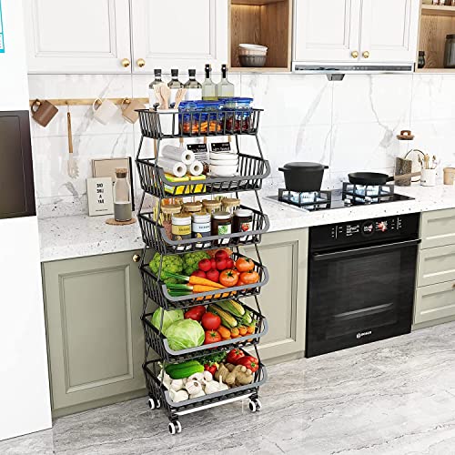 6 Tier Fruit Vegetable Storage Basket, Stackable Metal Wire Basket with Wheels, Fruit and Vegatable Storage Cart, Potato and Onion Storage Bin for Kitchen, Bathroom, Bedroom