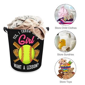 Yes I Throw Like A Girl Want A Lesson Softball Cool Laundry Basket Hamper Bag Dirty Clothes Storage Bin Waterproof Foldable Collapsible Toy Organizer for Office Bedroom Clothes Toys Gift Basket