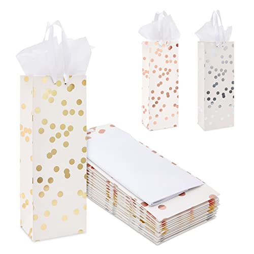 12-Pack Wine Gift Bags with Ribbon Handles and Tissue Paper for Wine Bottles, Liquor, Champagne, Sparkling Cider, Elegant Polka Dot Foil Designs (3 Colors, 13.8x5x4 in)