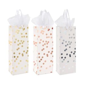 12-Pack Wine Gift Bags with Ribbon Handles and Tissue Paper for Wine Bottles, Liquor, Champagne, Sparkling Cider, Elegant Polka Dot Foil Designs (3 Colors, 13.8x5x4 in)