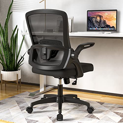 Funria Mid Back Mesh Office Chair Ergonomic Swivel Black Desk Chair Mesh Computer Chair Flip Up Arms with Lumbar Support Adjustable Height Task Chair