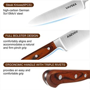 Knife Set, VAVSEA 16 PCS Kitchen Knife Set with Block Stainless Steel Professional Chef Knife Sets with 6 Pieces Steak Knives, Bread Knife, Sharpener Rod, Scissors, Ultra Sharp