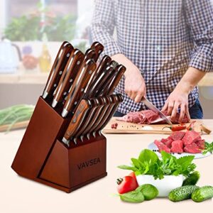 Knife Set, VAVSEA 16 PCS Kitchen Knife Set with Block Stainless Steel Professional Chef Knife Sets with 6 Pieces Steak Knives, Bread Knife, Sharpener Rod, Scissors, Ultra Sharp