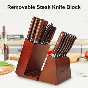 Knife Set, VAVSEA 16 PCS Kitchen Knife Set with Block Stainless Steel Professional Chef Knife Sets with 6 Pieces Steak Knives, Bread Knife, Sharpener Rod, Scissors, Ultra Sharp