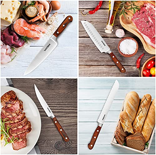 Knife Set, VAVSEA 16 PCS Kitchen Knife Set with Block Stainless Steel Professional Chef Knife Sets with 6 Pieces Steak Knives, Bread Knife, Sharpener Rod, Scissors, Ultra Sharp