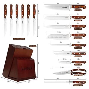 Knife Set, VAVSEA 16 PCS Kitchen Knife Set with Block Stainless Steel Professional Chef Knife Sets with 6 Pieces Steak Knives, Bread Knife, Sharpener Rod, Scissors, Ultra Sharp