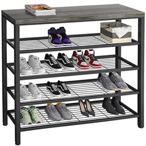 topfurny shoe rack, industrial shoe storage organizer, large 5-tier metal shoe rack shelves with wood board, entryway table for hallway, living room, closet, bedroom, black oak