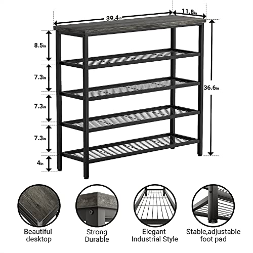 Topfurny Shoe Rack, Industrial Shoe Storage Organizer, Large 5-Tier Metal Shoe Rack Shelves with Wood Board, Entryway Table for Hallway, Living Room, Closet, Bedroom, Black Oak