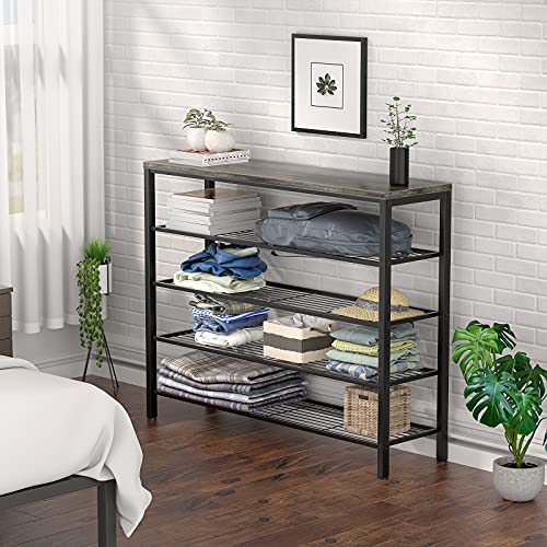 Topfurny Shoe Rack, Industrial Shoe Storage Organizer, Large 5-Tier Metal Shoe Rack Shelves with Wood Board, Entryway Table for Hallway, Living Room, Closet, Bedroom, Black Oak