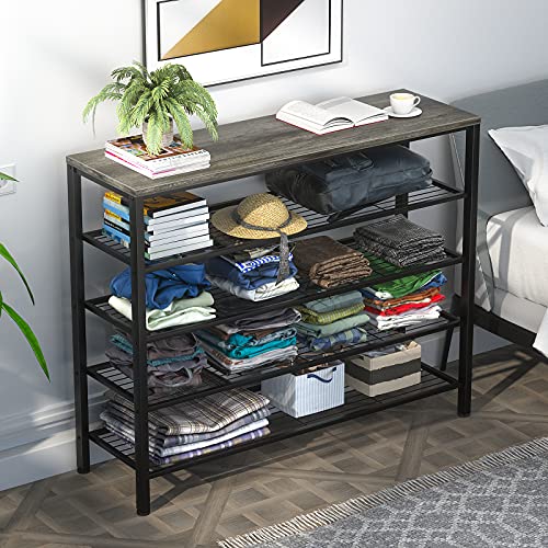 Topfurny Shoe Rack, Industrial Shoe Storage Organizer, Large 5-Tier Metal Shoe Rack Shelves with Wood Board, Entryway Table for Hallway, Living Room, Closet, Bedroom, Black Oak