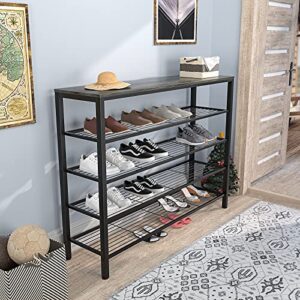 Topfurny Shoe Rack, Industrial Shoe Storage Organizer, Large 5-Tier Metal Shoe Rack Shelves with Wood Board, Entryway Table for Hallway, Living Room, Closet, Bedroom, Black Oak