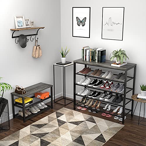 Topfurny Shoe Rack, Industrial Shoe Storage Organizer, Large 5-Tier Metal Shoe Rack Shelves with Wood Board, Entryway Table for Hallway, Living Room, Closet, Bedroom, Black Oak