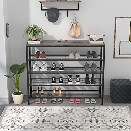 Topfurny Shoe Rack, Industrial Shoe Storage Organizer, Large 5-Tier Metal Shoe Rack Shelves with Wood Board, Entryway Table for Hallway, Living Room, Closet, Bedroom, Black Oak