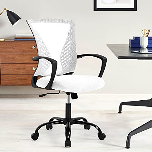 Home Office Chair Ergonomic Desk Chair Mesh Computer Chair with Armrests Comfortable Seat & Back Swivel Rolling Tasking Chair with 360° Quiet Rotating Wheels for Adults, Teens, Kids,White, BHP-GF4