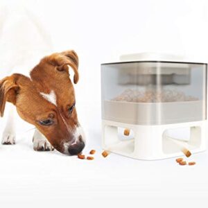 Pet Instant Non-Electric Automatic Dog Fun Food Catapult Dispenser, Square Transparent Visible Granary Slow Feeder for Pets, with Anti-Slip Rubber Pad for Cats Dogs Toys White