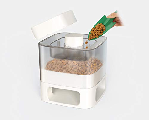 Pet Instant Non-Electric Automatic Dog Fun Food Catapult Dispenser, Square Transparent Visible Granary Slow Feeder for Pets, with Anti-Slip Rubber Pad for Cats Dogs Toys White