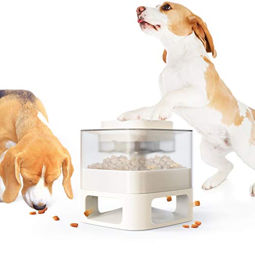 Pet Instant Non-Electric Automatic Dog Fun Food Catapult Dispenser, Square Transparent Visible Granary Slow Feeder for Pets, with Anti-Slip Rubber Pad for Cats Dogs Toys White