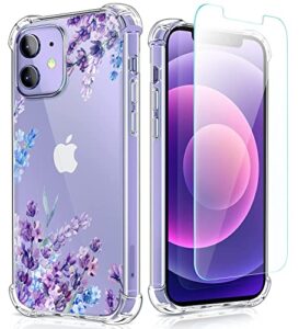 xeeue flower pattern designed for iphone 12/12 pro case[with screen protector], floral clear women phone case shockproof protective soft tpu bumper cover 6.1 inch 2020 (lavender/purple)