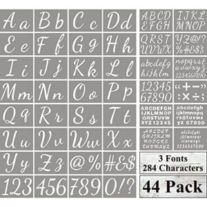 large letter stencils for painting on wood - 44 pack alphabet letter number stencil templates with signs, reusable plastic stencils in 3 fonts and 284 designs for chalkboard fabric wood signs