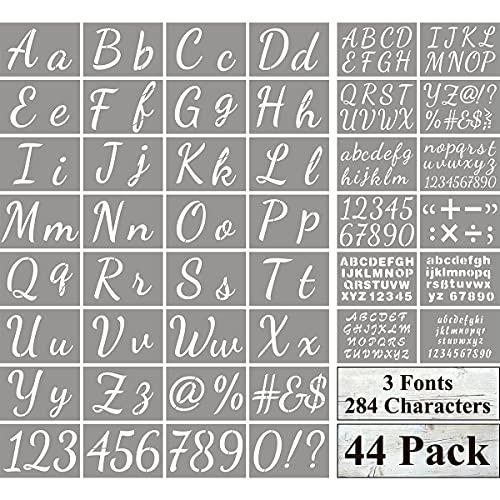 Large Letter Stencils for Painting on Wood - 44 Pack Alphabet Letter Number Stencil Templates with Signs, Reusable Plastic Stencils in 3 Fonts and 284 Designs for Chalkboard Fabric Wood Signs