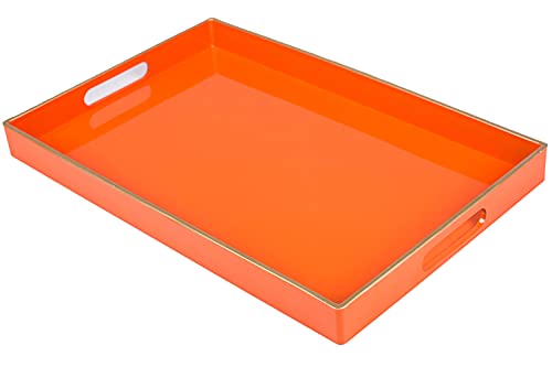 MAONAME Orange Serving Tray with Handles, Modern Decorative Tray for Coffee Table, Plastic Rectangular Tray for Ottoman, Bathroom, Halloween Decor, 15.75” x 10.2” x1.57