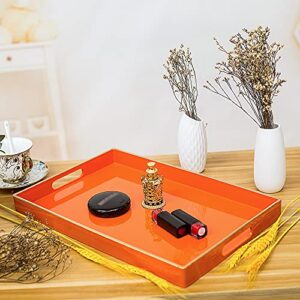 MAONAME Orange Serving Tray with Handles, Modern Decorative Tray for Coffee Table, Plastic Rectangular Tray for Ottoman, Bathroom, Halloween Decor, 15.75” x 10.2” x1.57