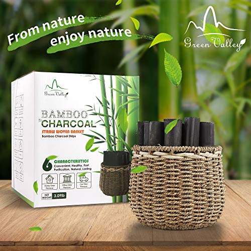 Bamboo Charcoal, GREEN VALLEY Straw Woven Basket Bamboo Charcoal Strips, Activated Carbon Strips, Air Purification for Room, Office, Car, New House, Furniture, Office Decor, Reusable [1 Basket 1400g]