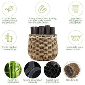 Bamboo Charcoal, GREEN VALLEY Straw Woven Basket Bamboo Charcoal Strips, Activated Carbon Strips, Air Purification for Room, Office, Car, New House, Furniture, Office Decor, Reusable [1 Basket 1400g]