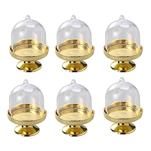 6 Pcs Plastic Mini Cake Stand Plate with Dome Cake Stand Candy Box Bulk for Wedding Birthday Party ï¼ˆGold Edge ï¼‰