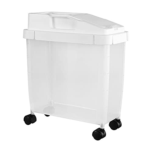 NLGG Airtight 20Lb Rice Container, Food Storage Cereal Container, 12Lb Pet Dog Food Container with Wheels + Measuring Cup, Flour Grain Container for Household, White, QB7305QC1518T56