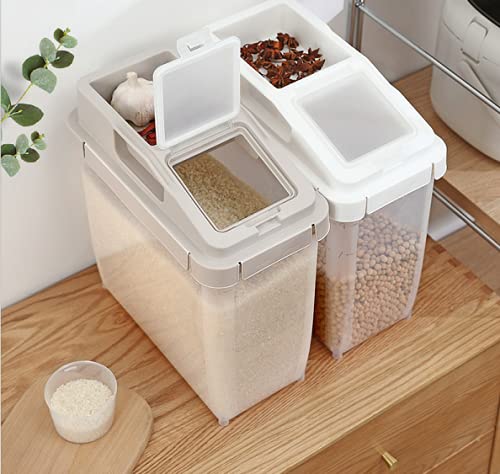 NLGG Airtight 20Lb Rice Container, Food Storage Cereal Container, 12Lb Pet Dog Food Container with Wheels + Measuring Cup, Flour Grain Container for Household, White, QB7305QC1518T56