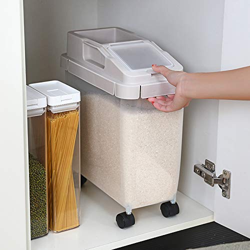 NLGG Airtight 20Lb Rice Container, Food Storage Cereal Container, 12Lb Pet Dog Food Container with Wheels + Measuring Cup, Flour Grain Container for Household, White, QB7305QC1518T56