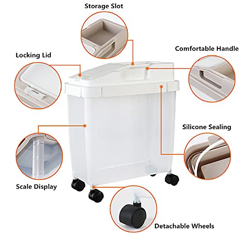 NLGG Airtight 20Lb Rice Container, Food Storage Cereal Container, 12Lb Pet Dog Food Container with Wheels + Measuring Cup, Flour Grain Container for Household, White, QB7305QC1518T56