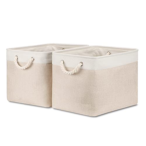 Bidtakay Beige Storage Basket Large Fabric Cloth Baskets [2-Pack] Tall Rectangular Shelf Baskets 16X11.8X11.8 in Canvas Collapsible Storage Bins with Handles for Organizing Living Room(White&Beige)