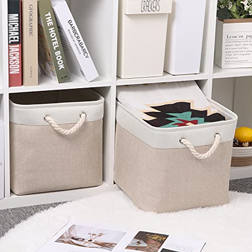 Bidtakay Beige Storage Basket Large Fabric Cloth Baskets [2-Pack] Tall Rectangular Shelf Baskets 16X11.8X11.8 in Canvas Collapsible Storage Bins with Handles for Organizing Living Room(White&Beige)