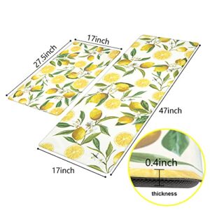 SHACOS Lemon Kitchen Rugs Mats 2 Pieces Anti Fatigue Floor Rug Runner Set Non Slip Soft Cushioned Standing Mat Wipeable Floor Mat, 17"x27.5"+17"x47",White