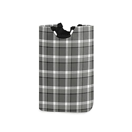 Grey White Buffalo Grid Plaid Laundry Hamper with Handle Large Waterproof Collapsible Storage Basket Tote Bag for Bathroom Washing Bin Dirty Clothes Travel