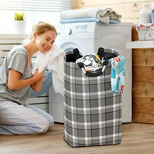 Grey White Buffalo Grid Plaid Laundry Hamper with Handle Large Waterproof Collapsible Storage Basket Tote Bag for Bathroom Washing Bin Dirty Clothes Travel