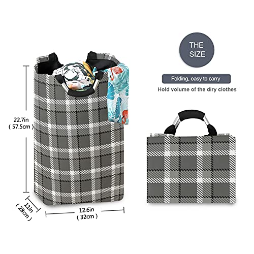 Grey White Buffalo Grid Plaid Laundry Hamper with Handle Large Waterproof Collapsible Storage Basket Tote Bag for Bathroom Washing Bin Dirty Clothes Travel