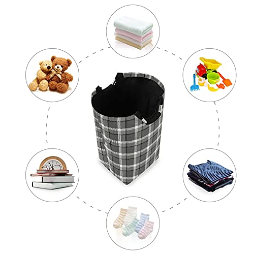 Grey White Buffalo Grid Plaid Laundry Hamper with Handle Large Waterproof Collapsible Storage Basket Tote Bag for Bathroom Washing Bin Dirty Clothes Travel