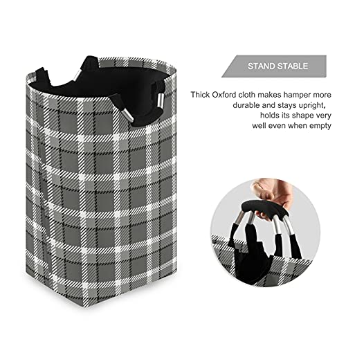 Grey White Buffalo Grid Plaid Laundry Hamper with Handle Large Waterproof Collapsible Storage Basket Tote Bag for Bathroom Washing Bin Dirty Clothes Travel